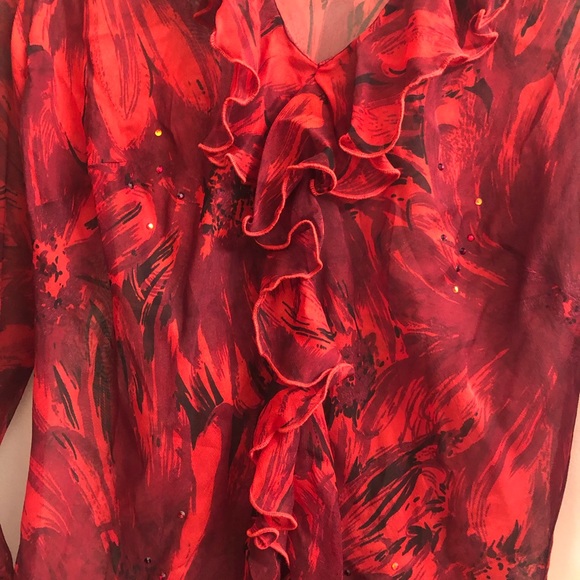 Cache | Tops | Beautiful Red Sheer Silk Blouse With Ruffed Sleeves And ...